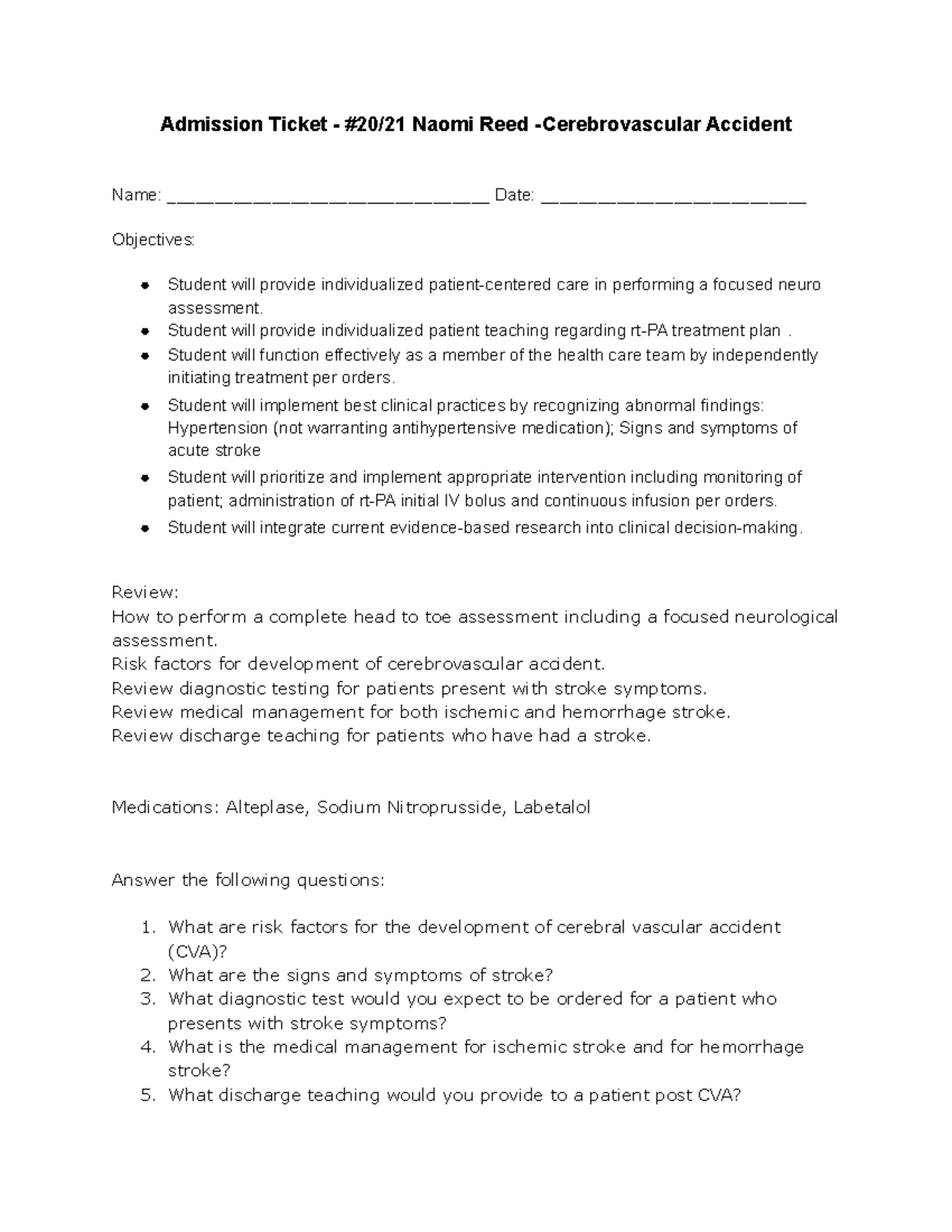 Admission Ticket - #20 21 Naomi Reed -Cerebrovascular Accident ...