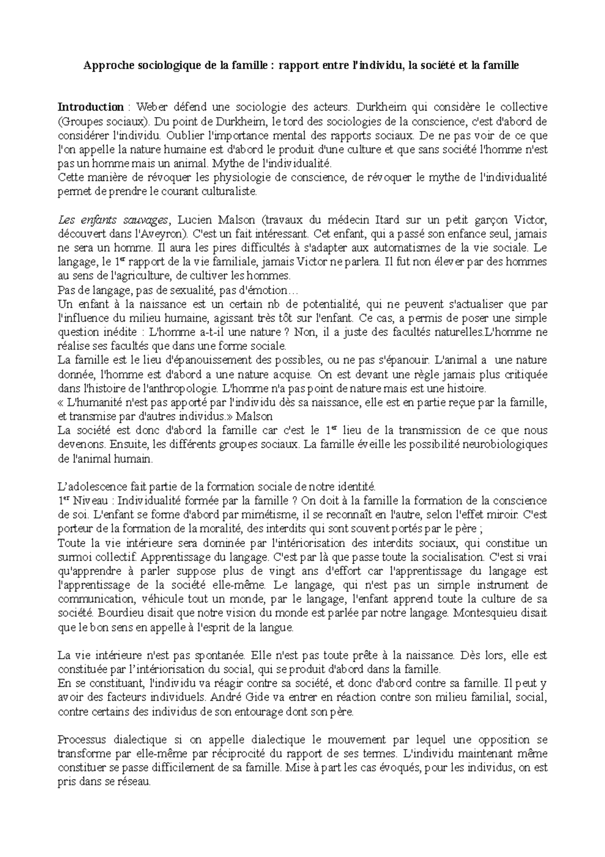 Approche sociologique de la famille - rapport entre l'individu, la ...