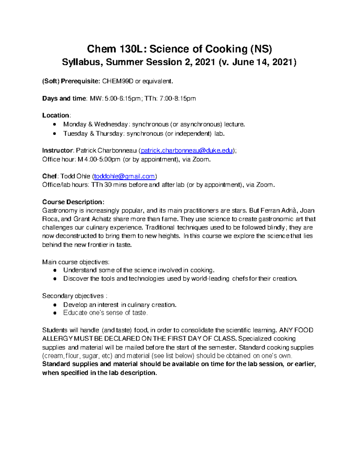 2021Chem130L Syllabus SS2 - Chem 130L: Science of Cooking (NS) Syllabus ...