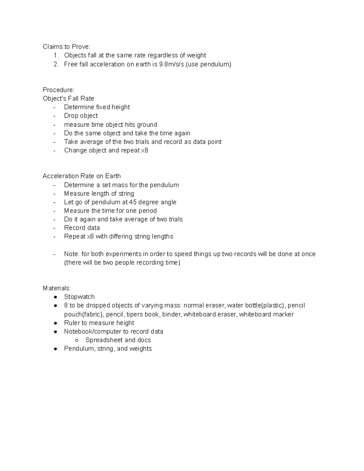 Gravity Lab - AP Physics 1 - Claims to Prove: 1. Objects fall at the ...