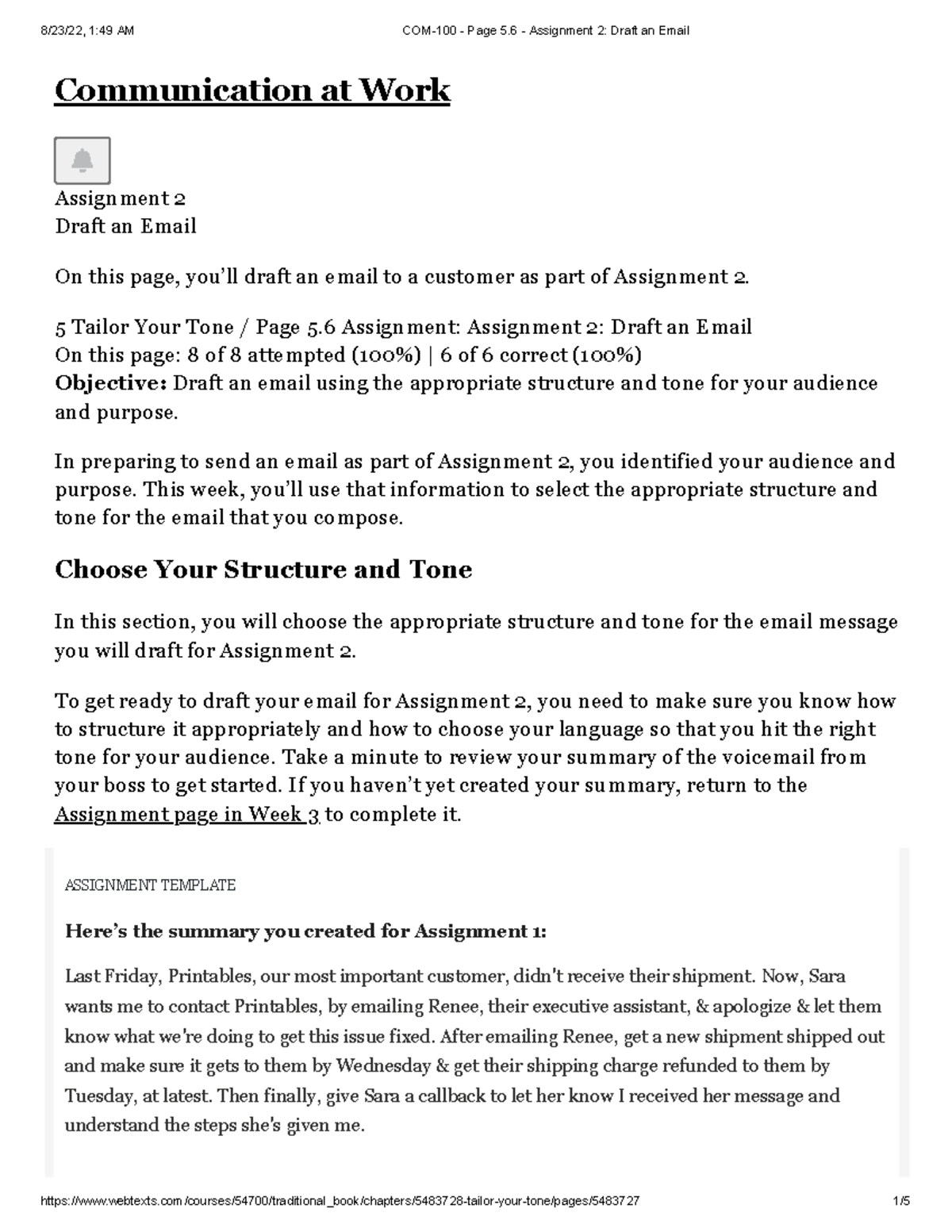 COM-100 - Page 5.6 - Assignment 2 Draft an Email - Communication at ...