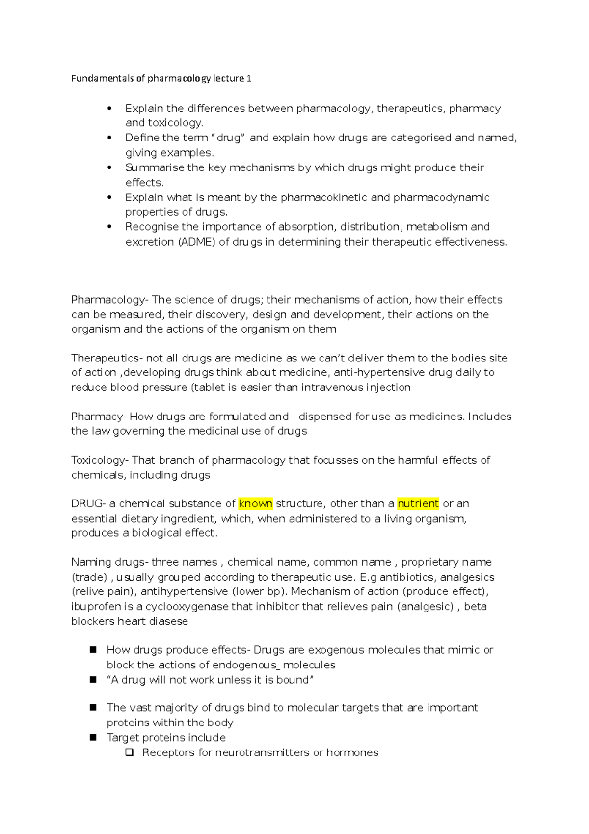 Fundamentals of pharmacology lecture 1 - Define the term “drug” and ...