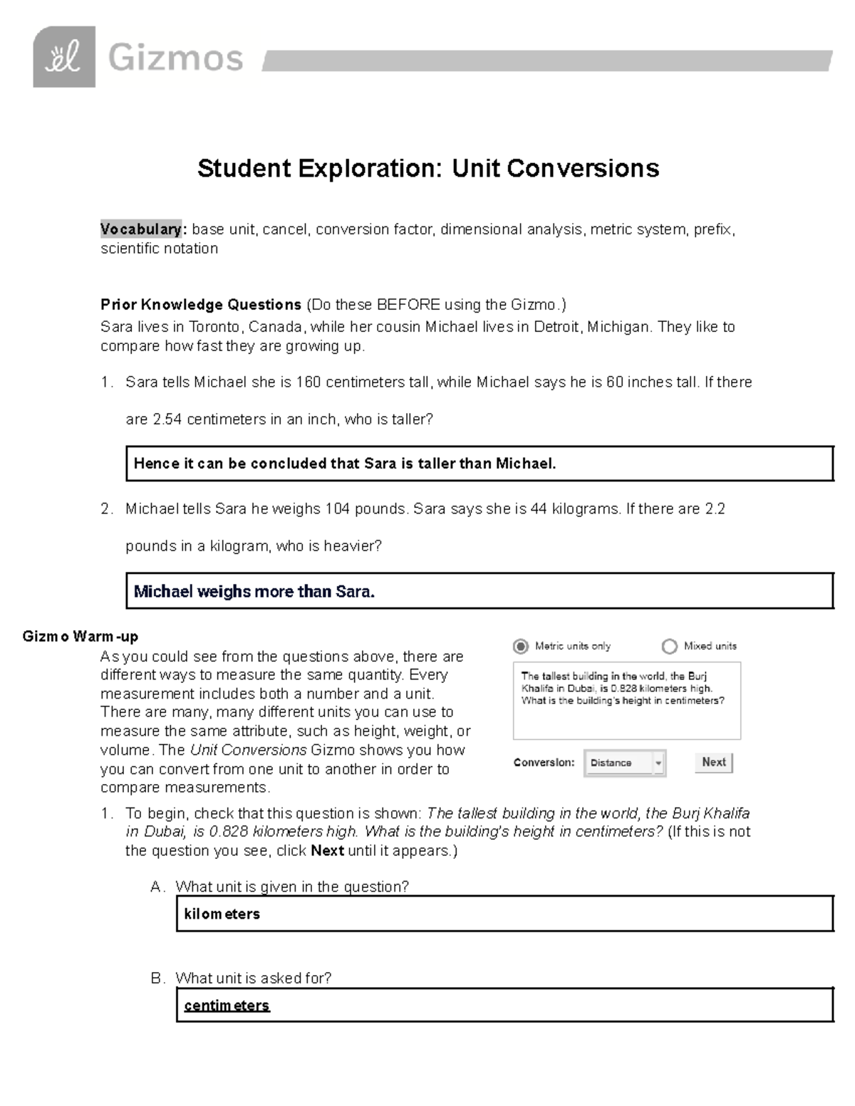 Copy of [Gizmos] Unit Conversion SE - Student Exploration: Unit ...