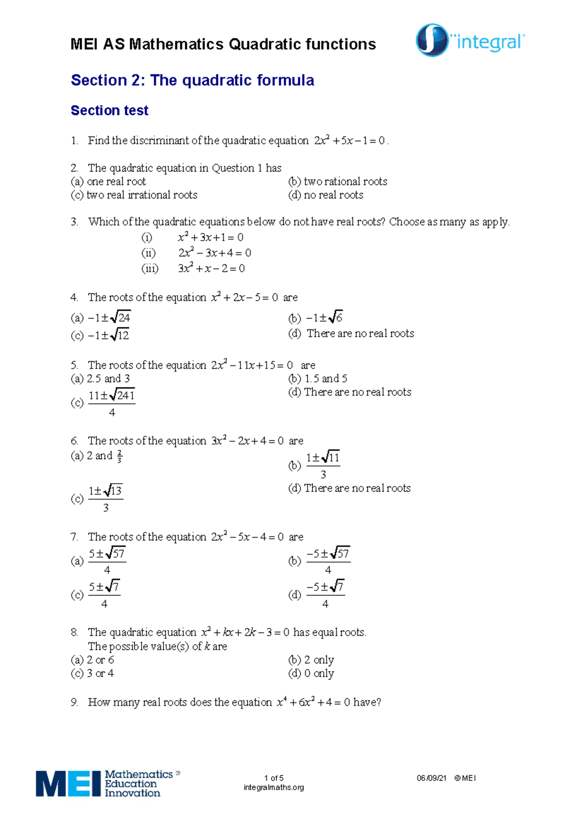 Section Test Quadratic formula - MEI AS Mathematics Quadratic functions ...