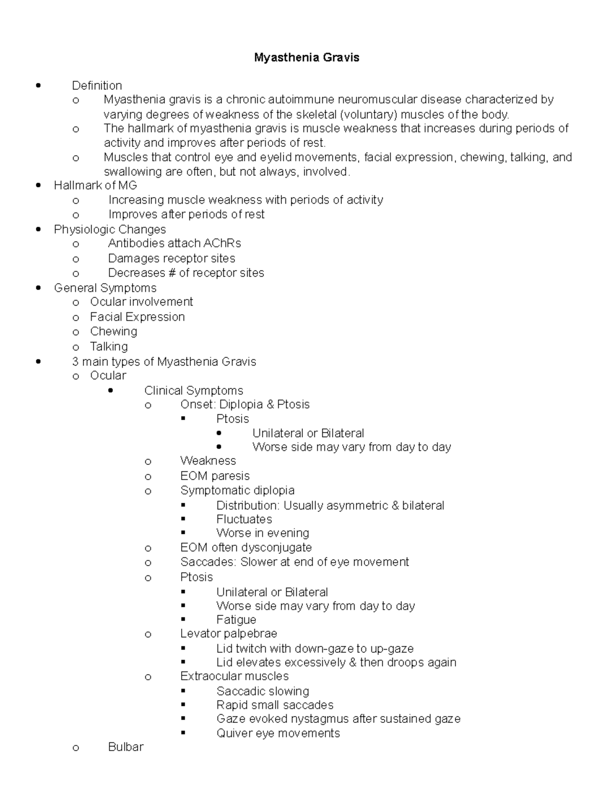 Myasthenia Gravis notes - Myasthenia Gravis Definition o Myasthenia ...