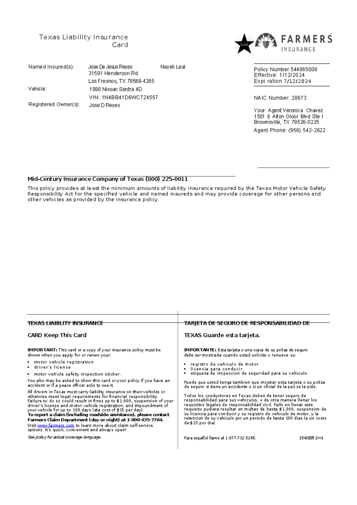 Tikeck 000052 - SASW - Texas Liability Insurance Card Named Insured(s ...