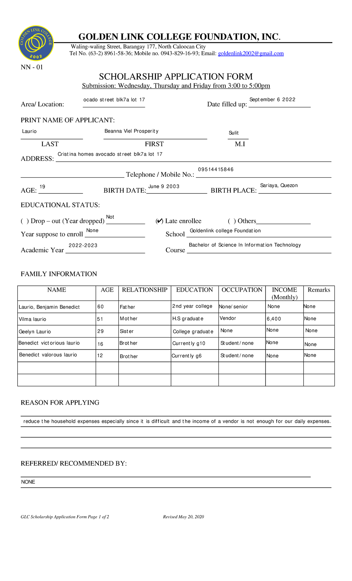 Scholarship Application - template (1) - GLC Scholarship Application ...