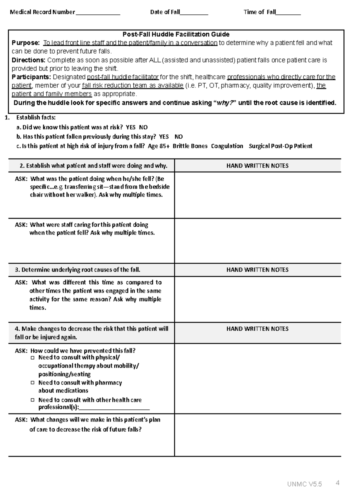 Post fall huddle guide - Medical Record Number Date of Fall Time of ...
