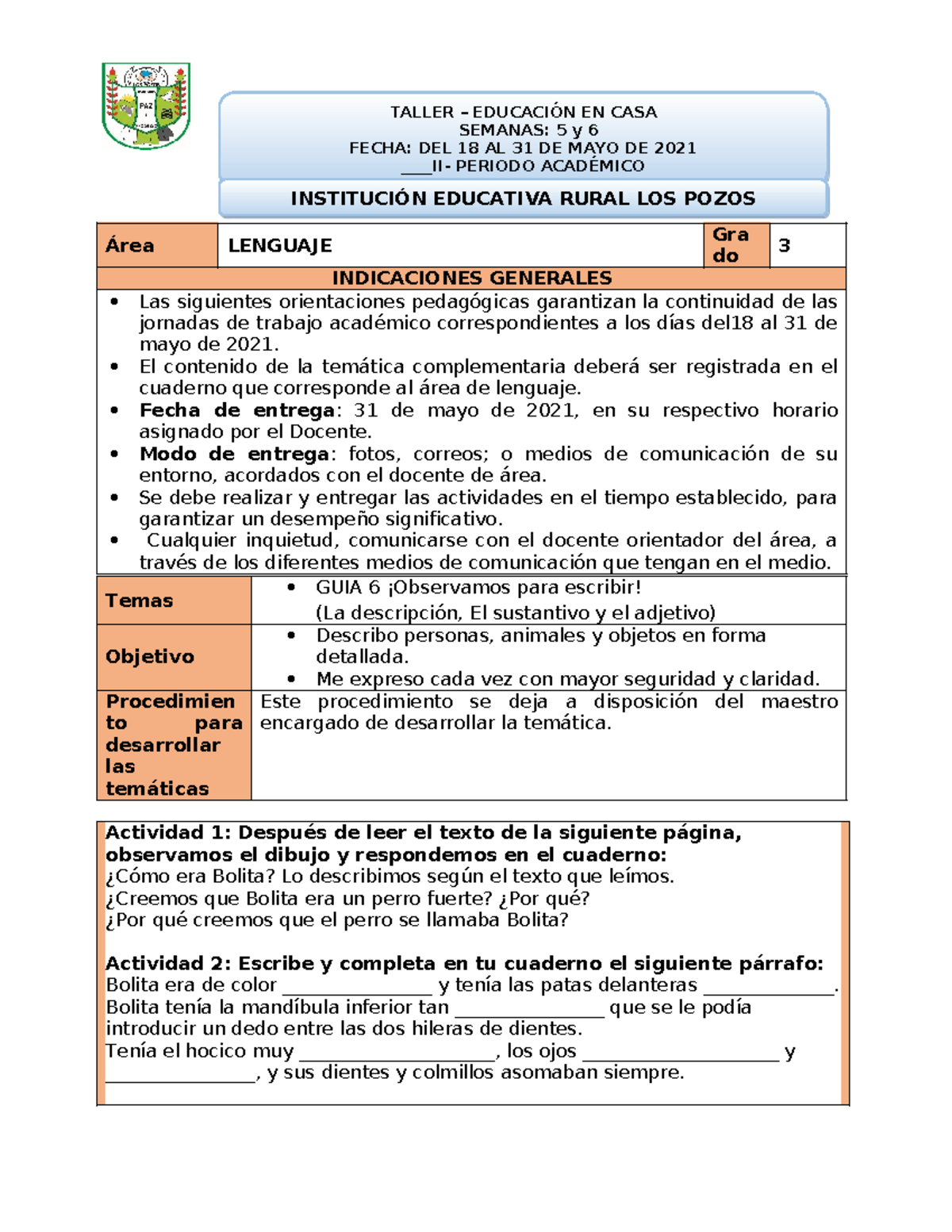 Lenguaje 3° Semanas 5 y 6 II Periodo - Área LENGUAJE Gra do 3 ...