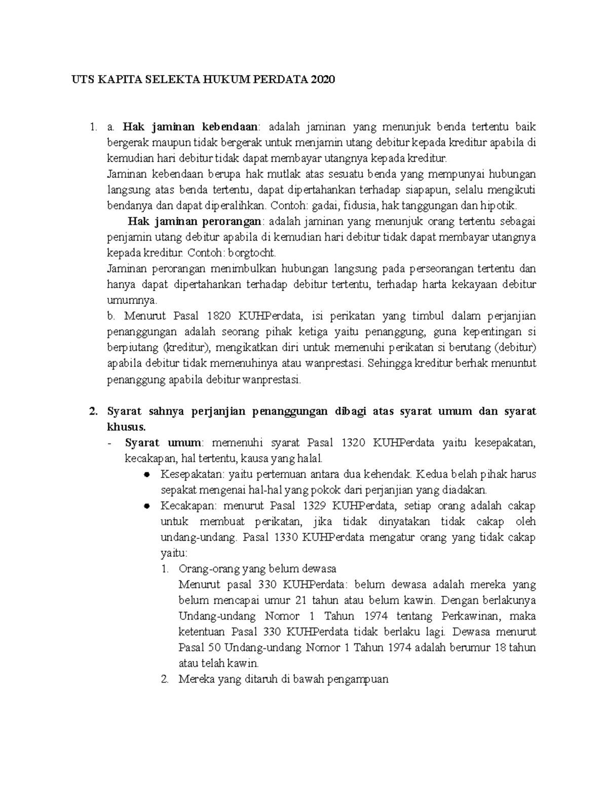 Jawaban UTS Kapita Selekta Hukum Perdata Tahun 2020 - UTS KAPITA SELEKTA HUKUM PERDATA 2020 a ...