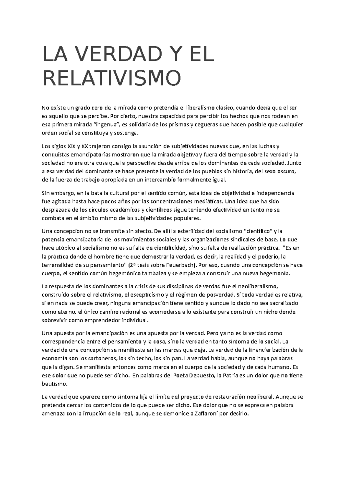 10-La verdad y el relativismo - LA VERDAD Y EL RELATIVISMO No existe un ...