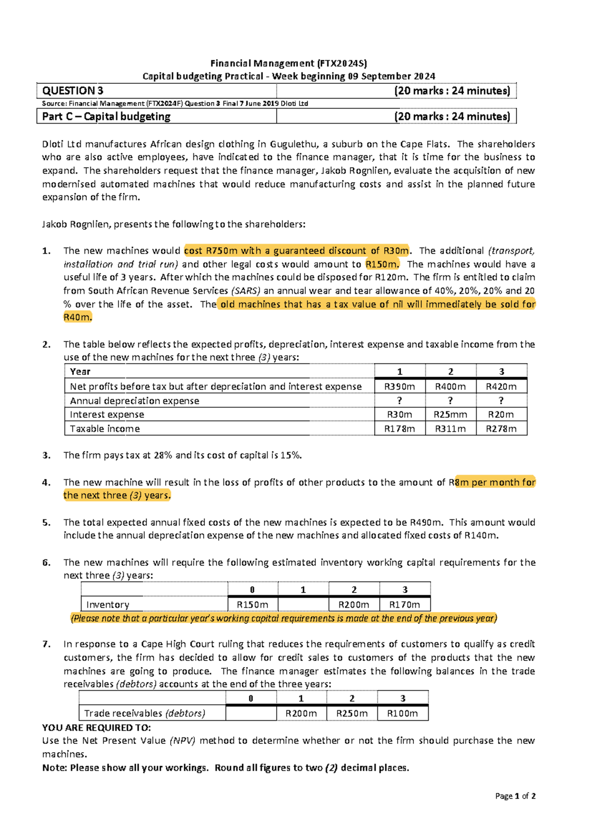 Practical tutorial - Page 1 of 2 Financial Management (FTX2024S ...
