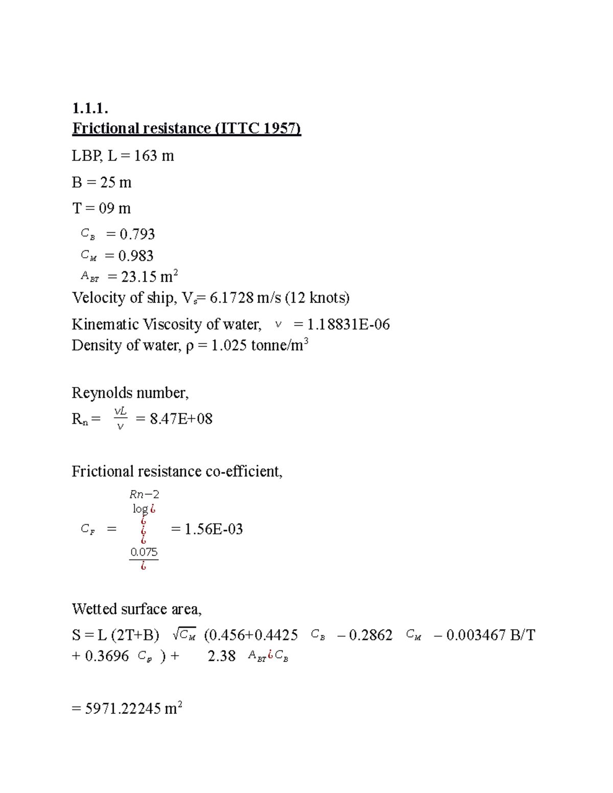 Resistance power for engine cal - 1.1. Frictional resistance (ITTC 1957 ...