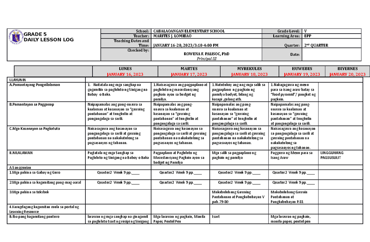 DLL EPP 5 Q2 W9 - LOVE - GRADE 5 DAILY LESSON LOG School: CABALAOANGAN ...