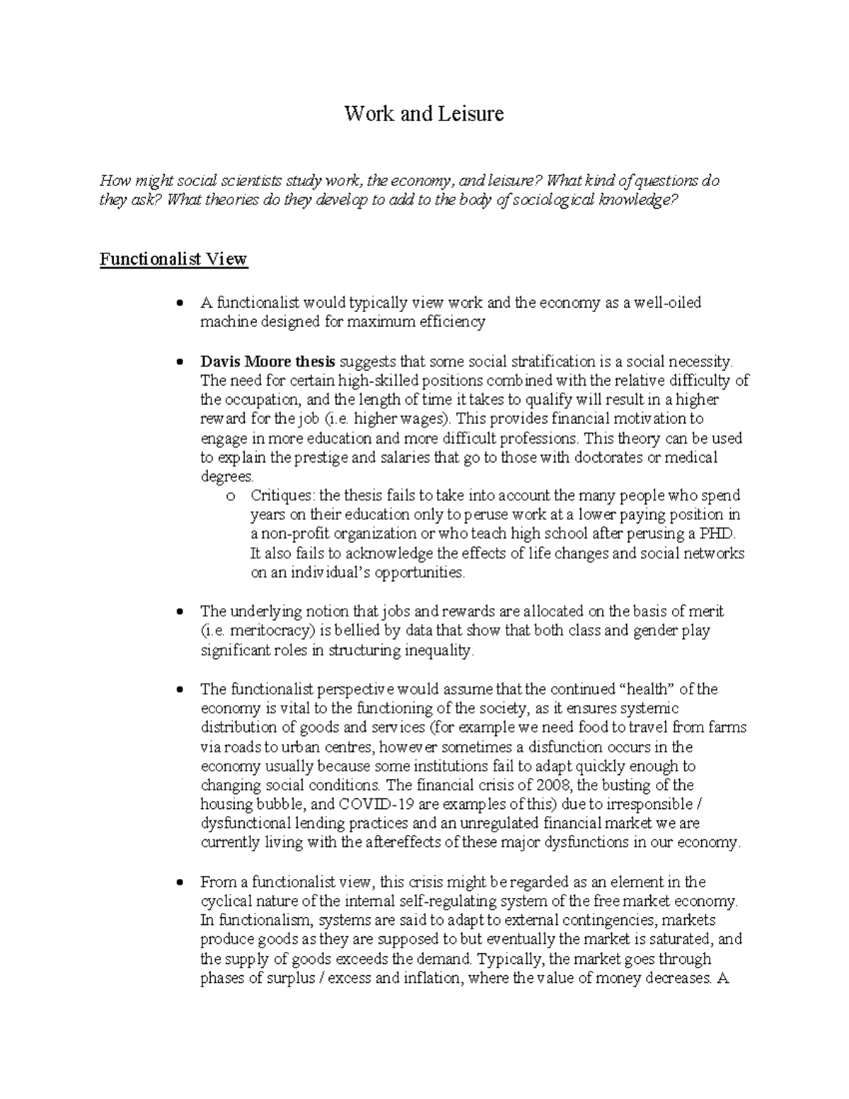 SOCI 1001 Work and Leisure - Work and Leisure How might social ...