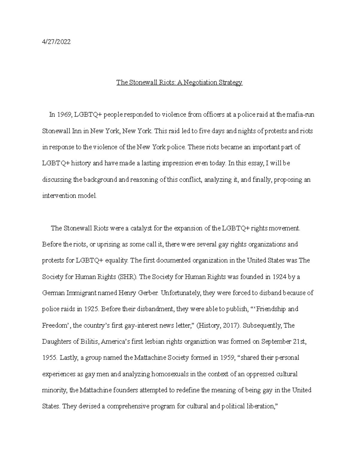 Individual Project - The Stonewall Riots: A Negotiation Strategy In ...