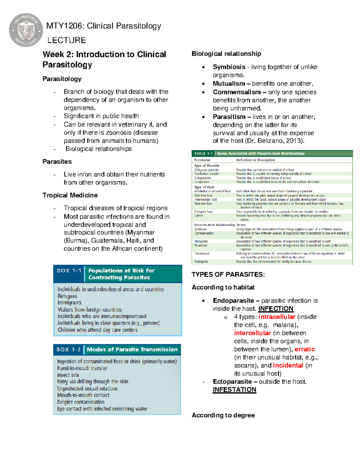 Week 2 Clinical Parasitology (Lecture) - MTY1206: Clinical Parasitology ...