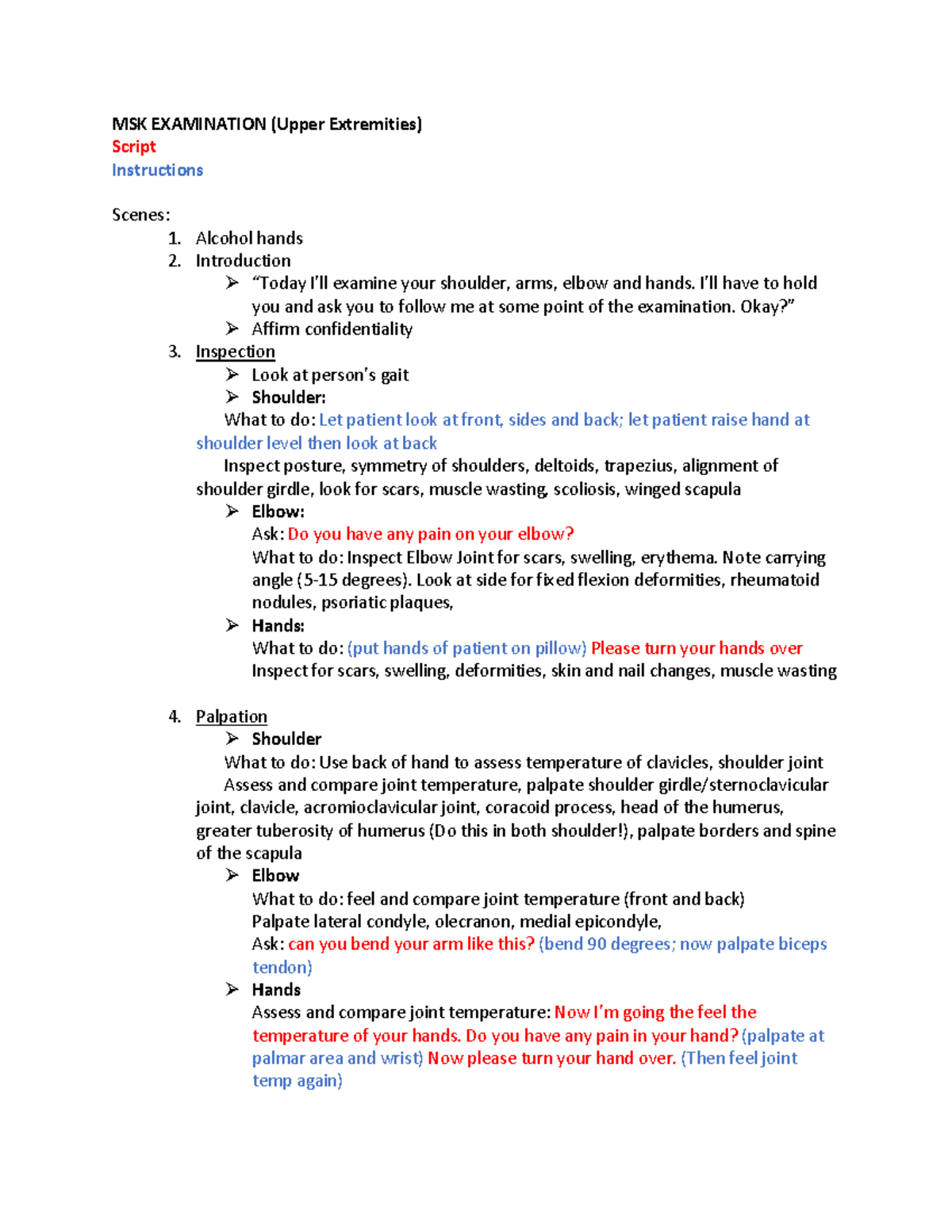 MSK Physical Examination Script - MSK EXAMINATION (Upper Extremities ...