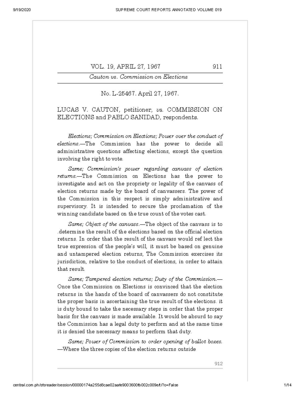5 - Cauton Vs. Comelec - election law case - VOL. 19, APRIL 27, 1967 ...