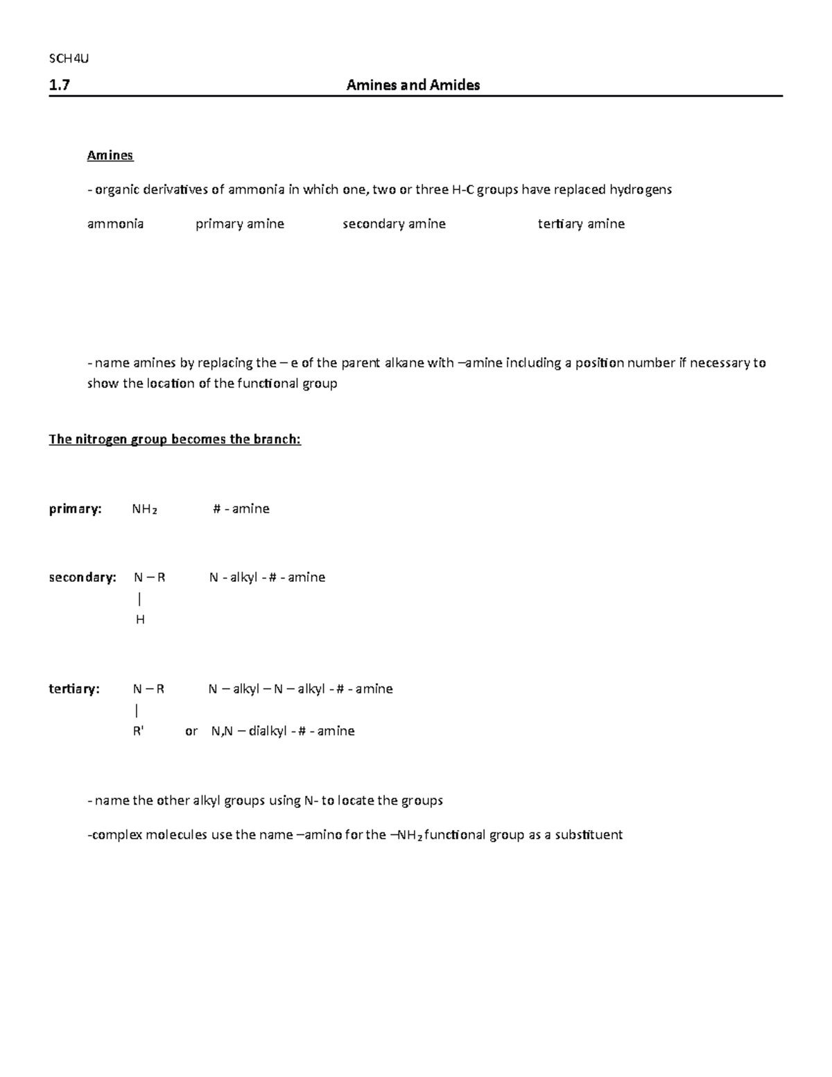 5 1 - amines and amides organic reactions. - SCH4U 1 Amines and Amides ...