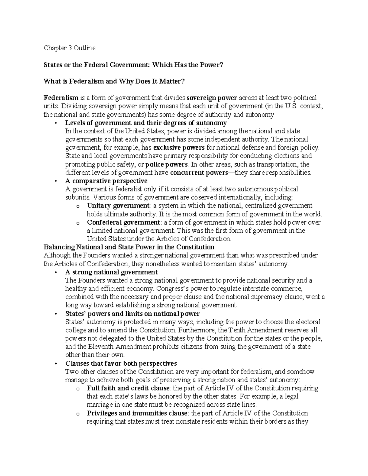 Chapter 3 Outline - Notes - Chapter 3 Outline States or the Federal ...