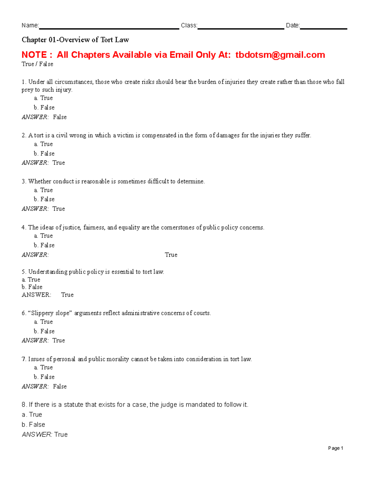 Test Bank and Solutions For Tort Law, 7th Edition by Cull, Edwards ...