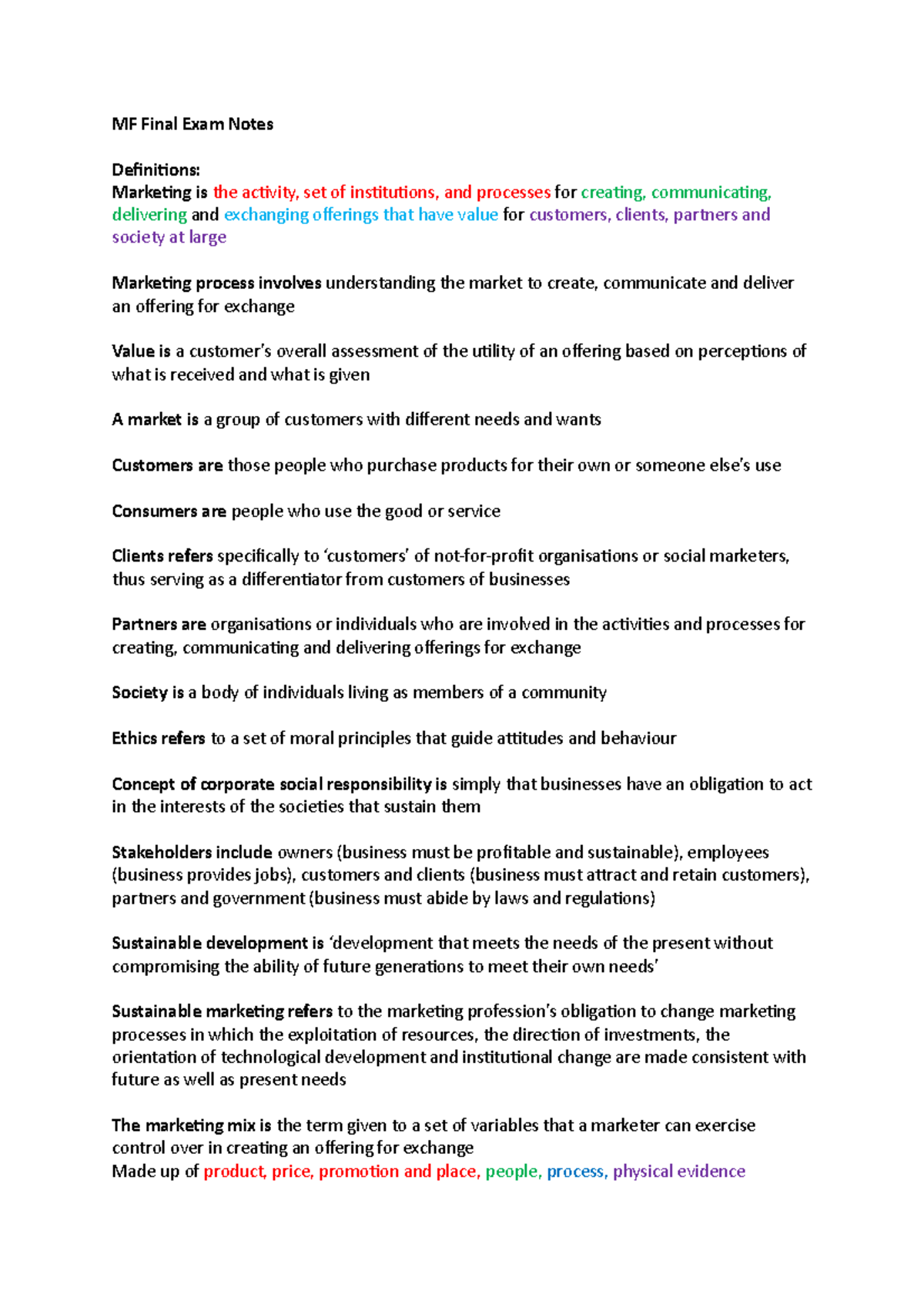 Marketing Foundations Complete Subject Definitions - MF Final Exam ...