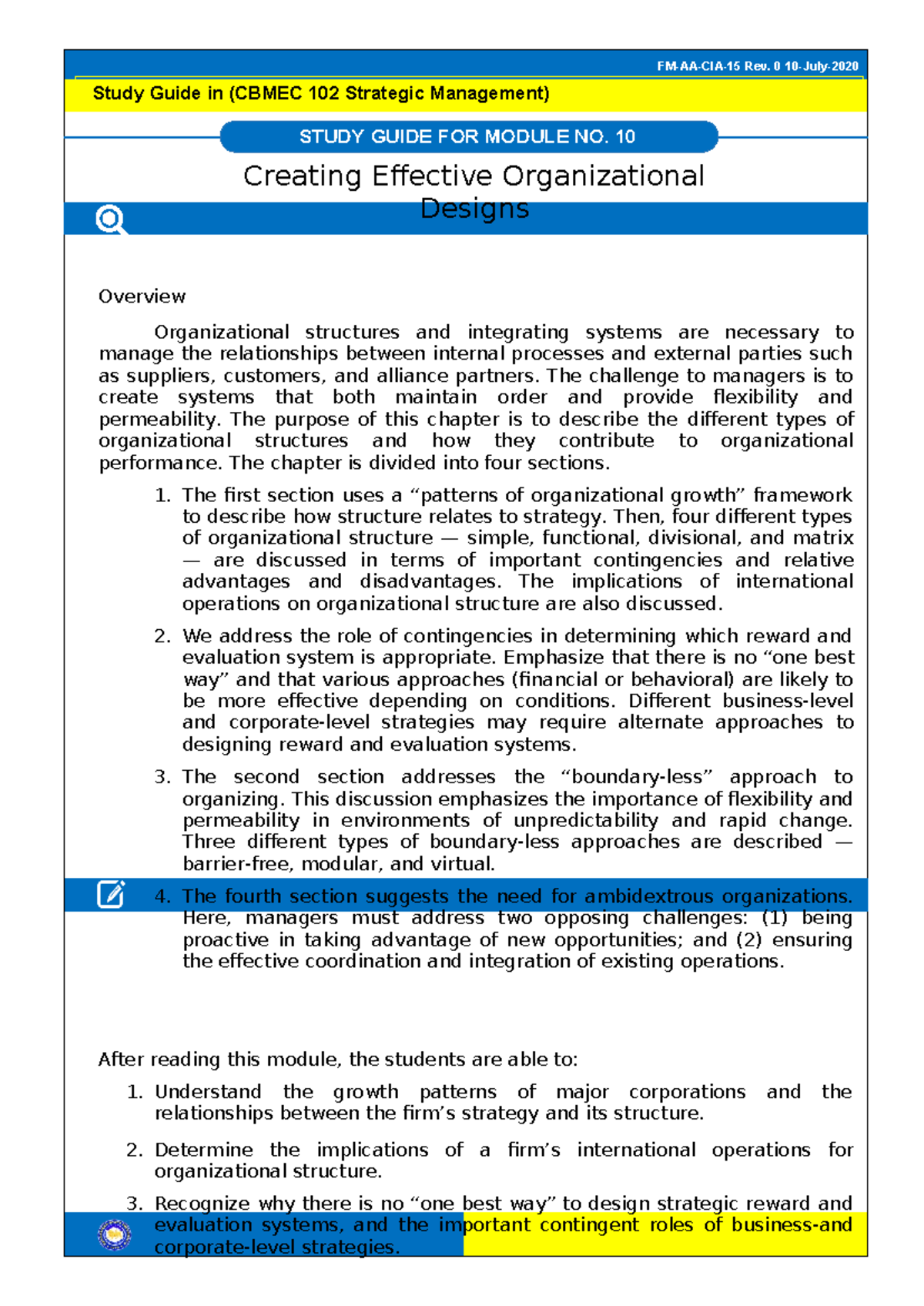 SG 10 Creating Effective Organizational Designs - Study Guide in (CBMEC 102 Strategic Management ...