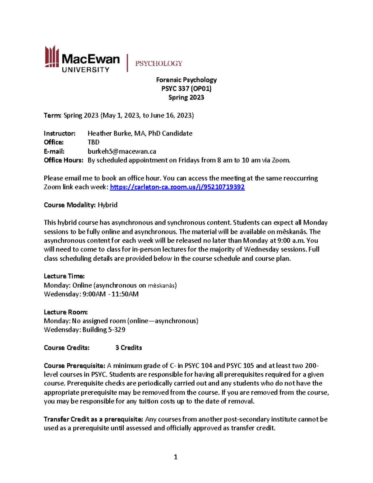 Burke Forensic Psychology Spring 2023 Outline - Forensic Psychology ...