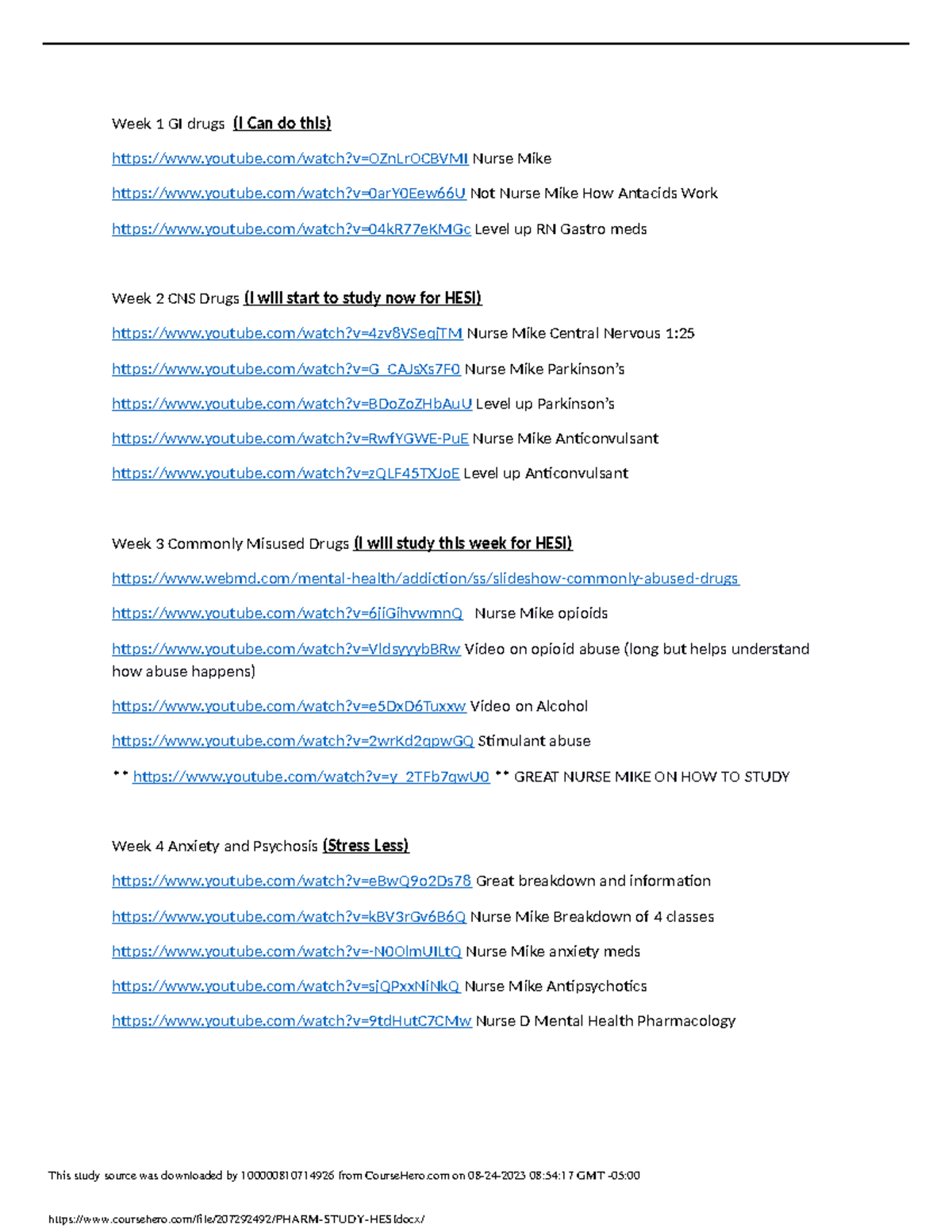 Pharm Study HESI.docx - Week 1 GI drugs (I Can do this) youtube/watch?v=OZnLrOCBVMI Nurse Mike ...