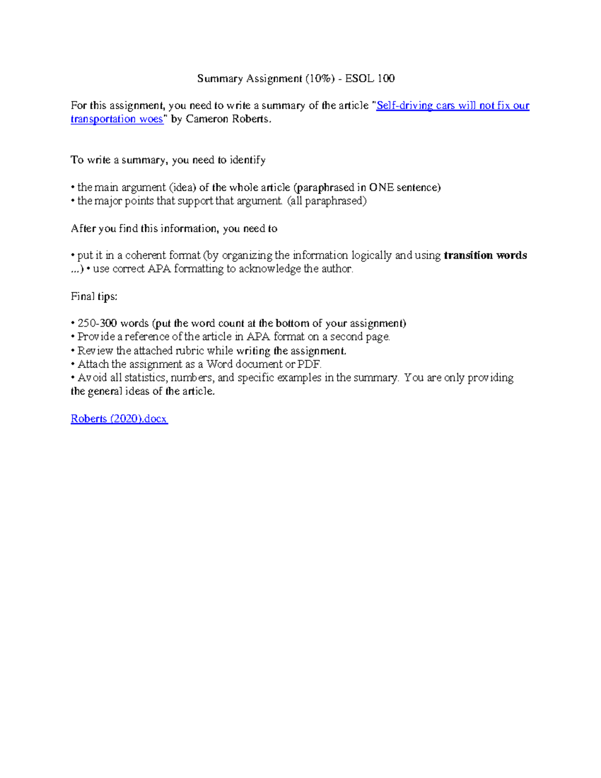 Summary Assignment - ESOL 100 - Summary Assignment (10%) - ESOL 100 For ...