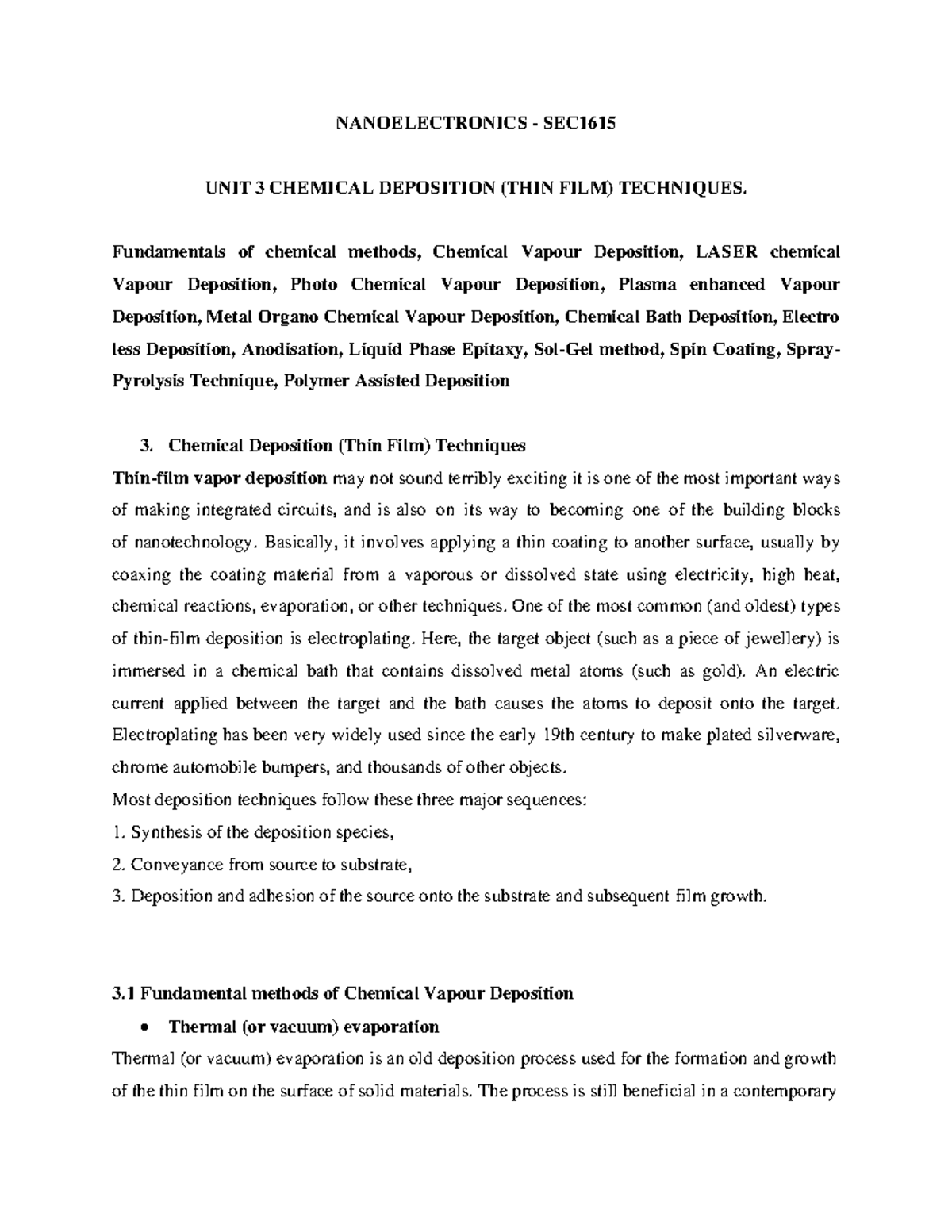 Chemical Deposition THIN FILM Techniques NANOELECTRONICS SEC UNIT