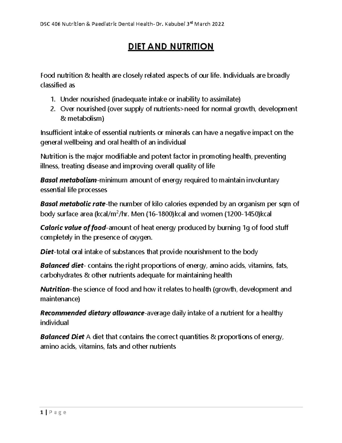 Nutrition Handout - paeds - DIET AND NUTRITION Food nutrition & health ...