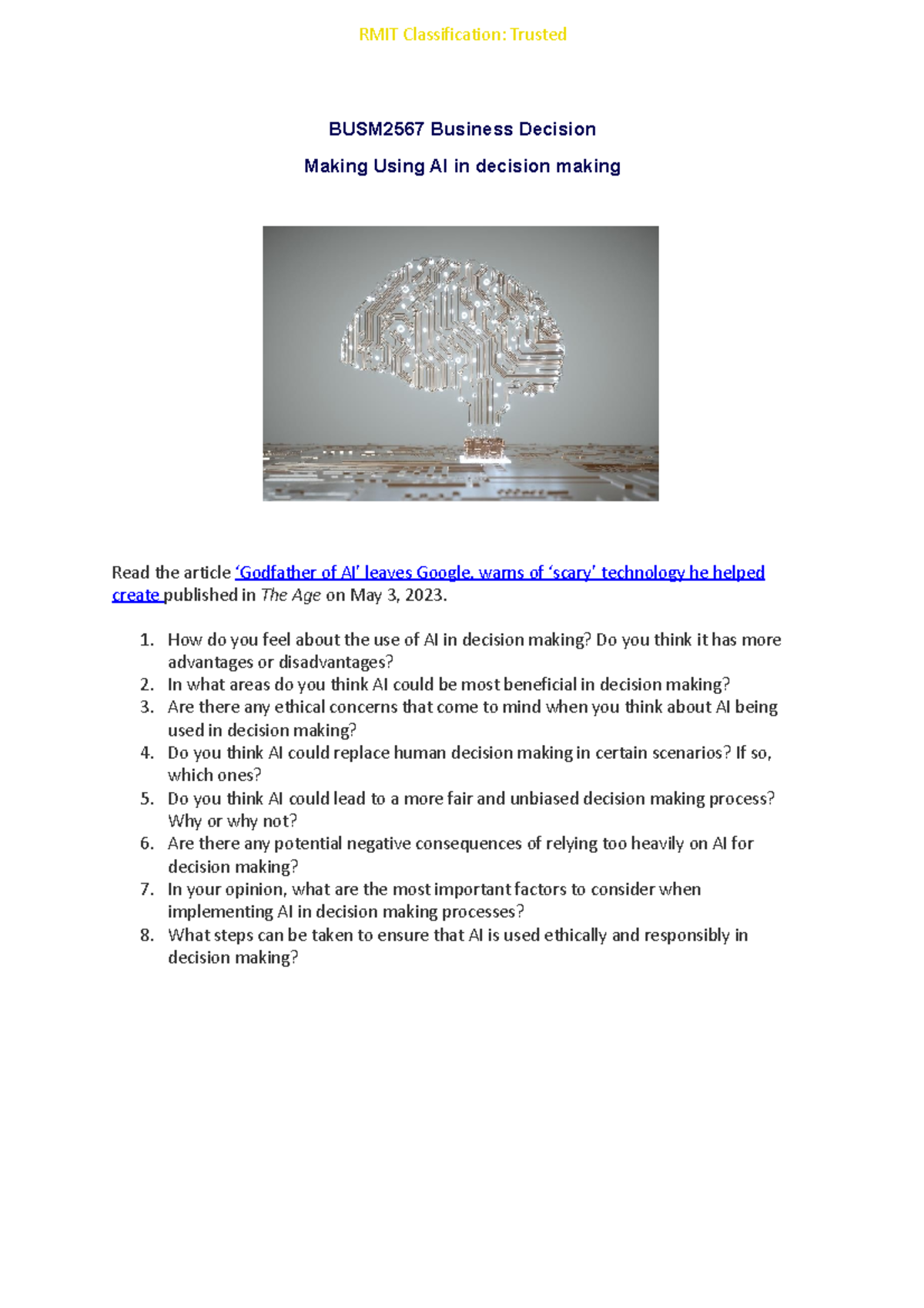 Using AI in Decision Making Activity - RMIT Classification: Trusted ...