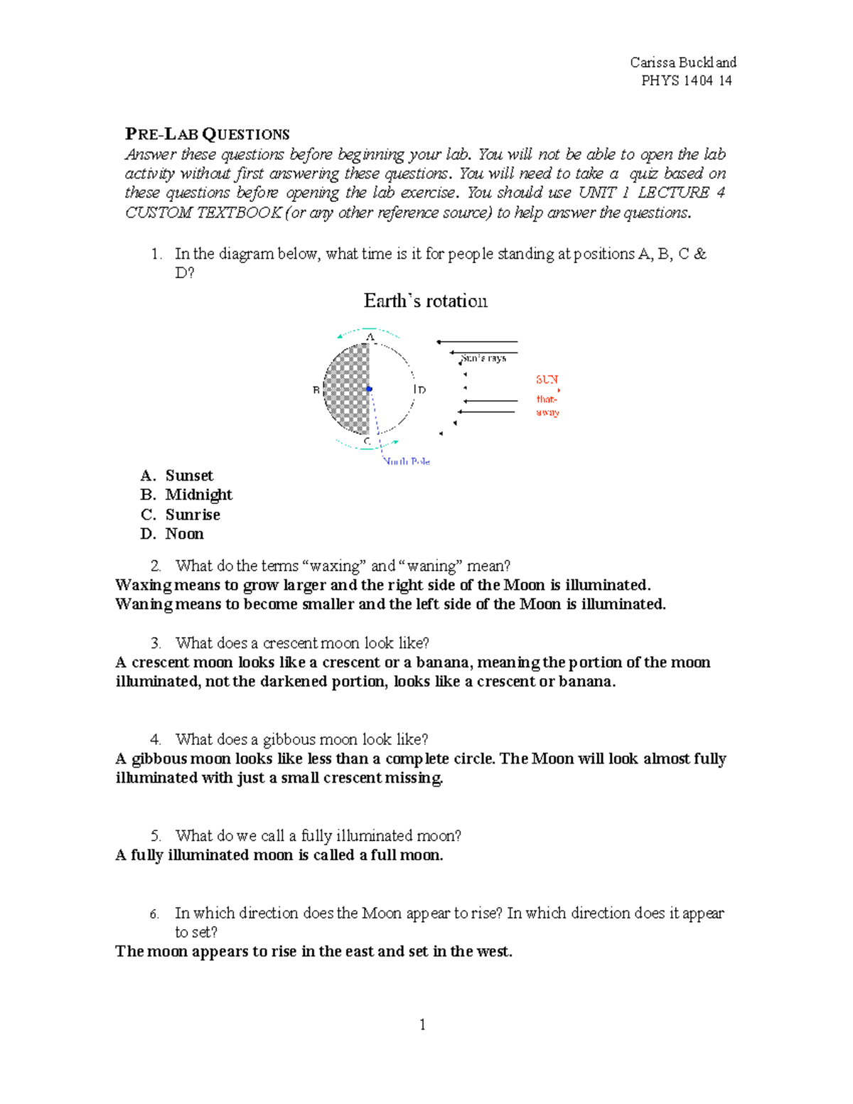 LAB 2 Prelab Questions CBuckland - Carissa Buckland PHYS 1404 14 PRE ...