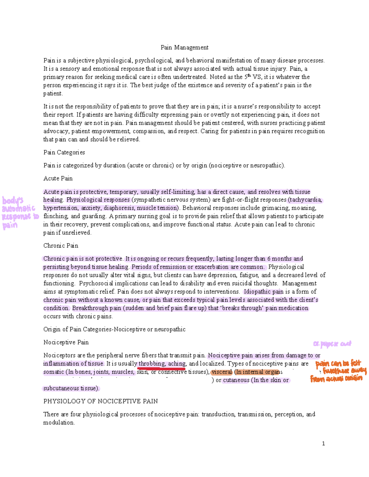 Pain Management - My professor made these notes and provided them to us ...