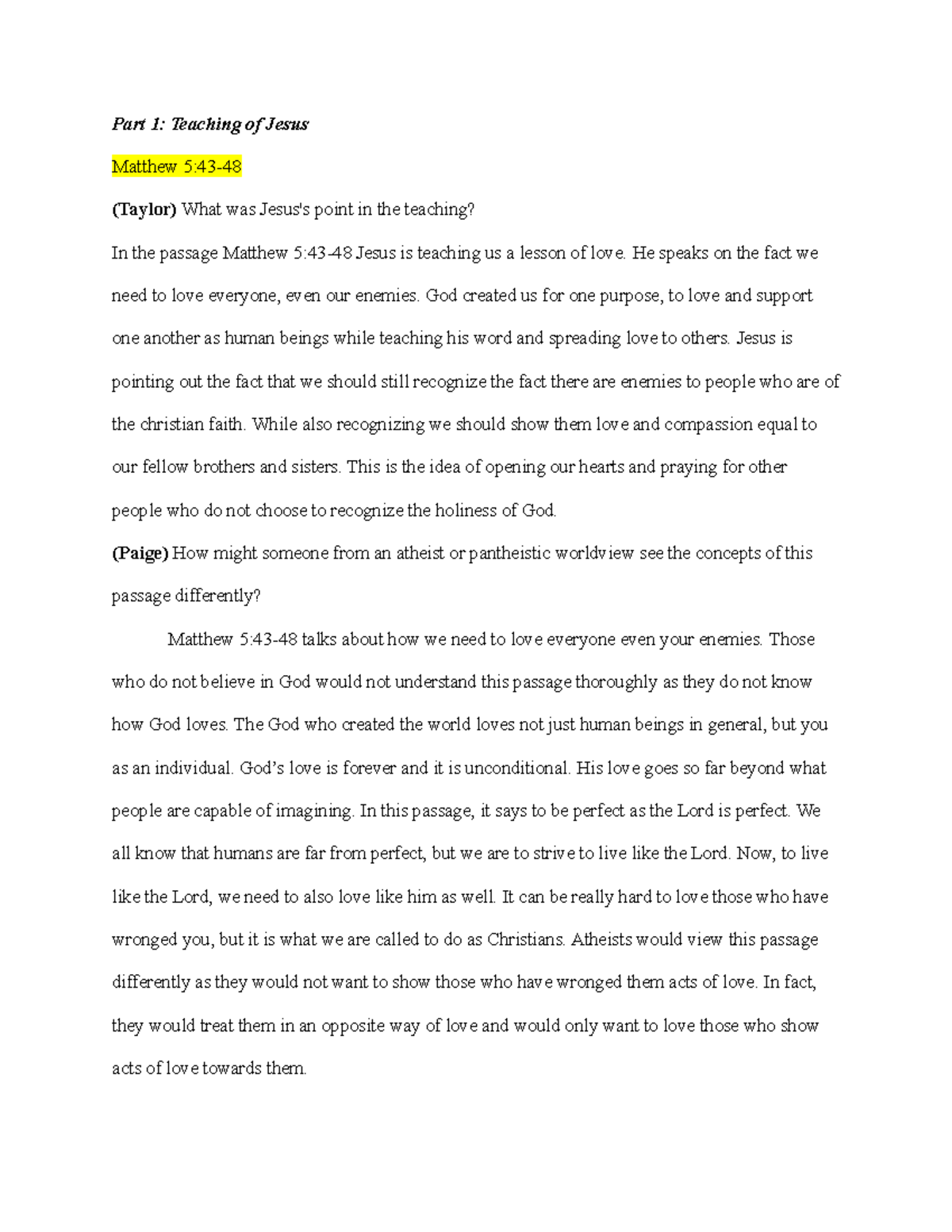 CWV Project For Final Grade - Part 1: Teaching of Jesus Matthew 5:43 ...