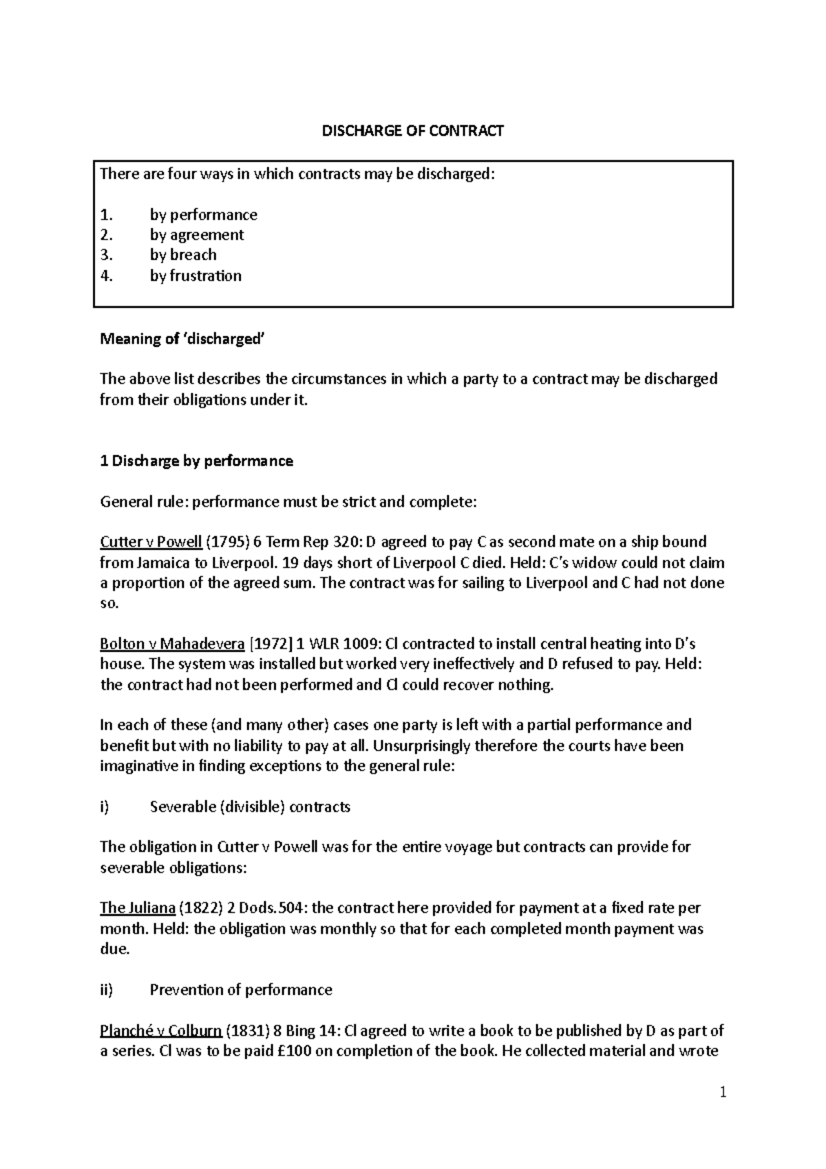 Discharge OF Contract F - DISCHARGE OF CONTRACT There are four ways in ...