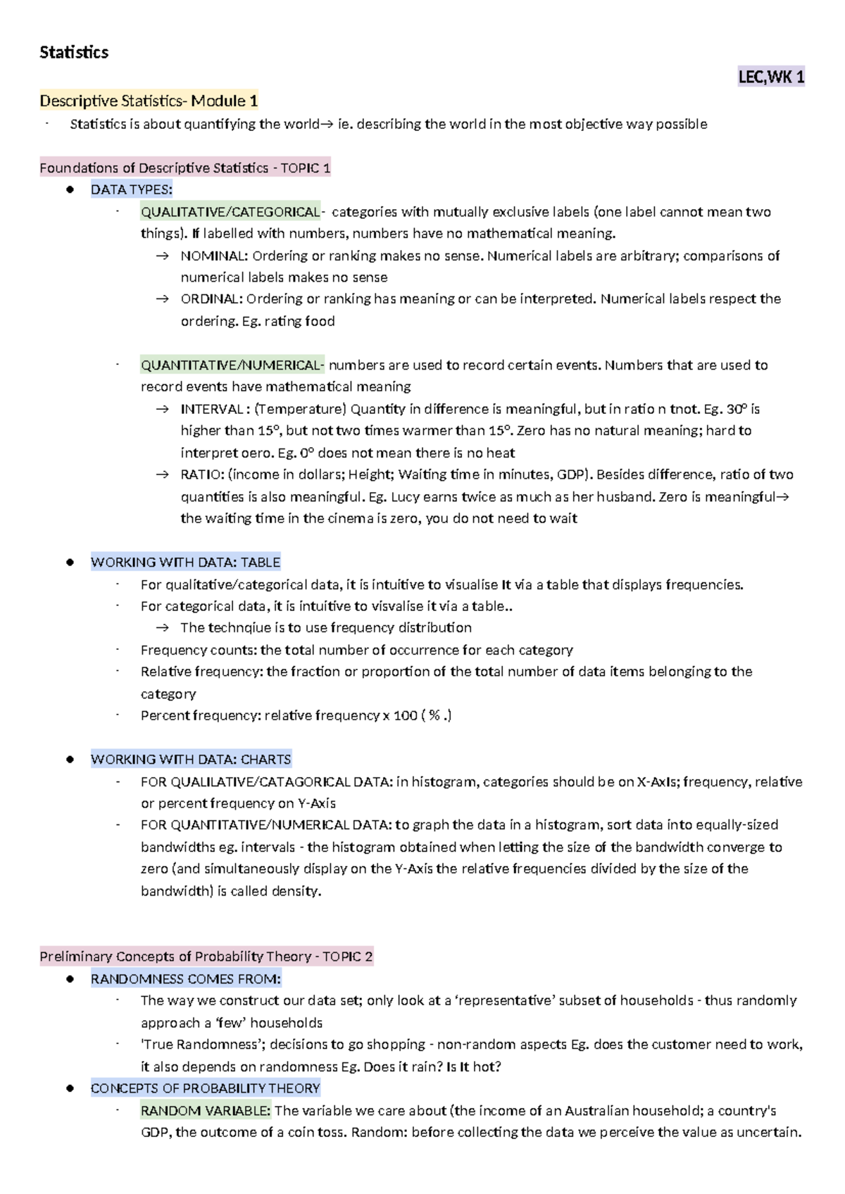 JAS stats notes - ####### Statistics LEC,WK 1 Descriptive Statistics ...