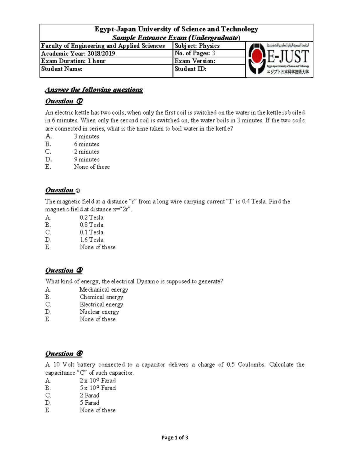 Physics-Sample-Exam English - Page 1 of 3 Egypt-Japan University of ...