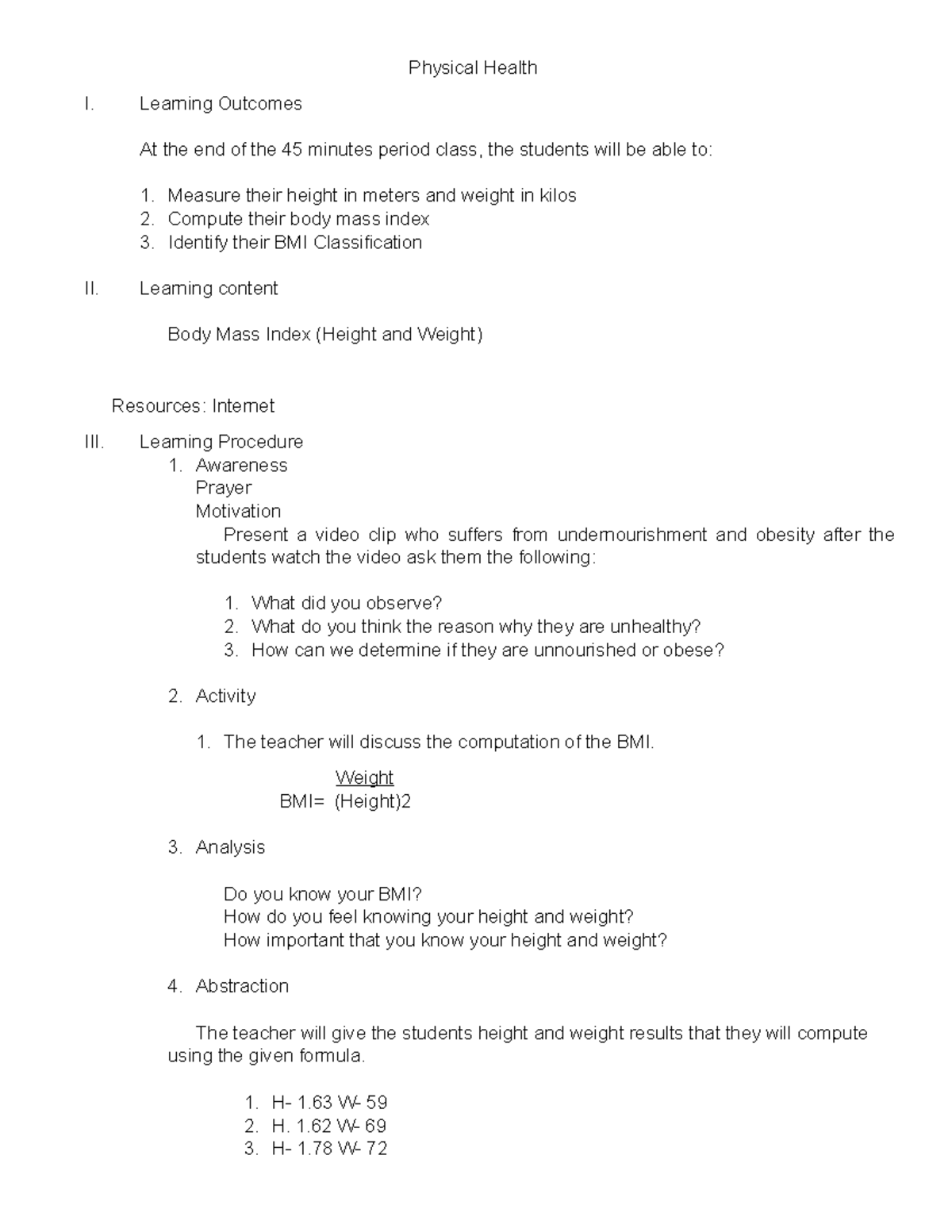 My Lesson Plan (The real ) - Physical Health I. Learning Outcomes At ...