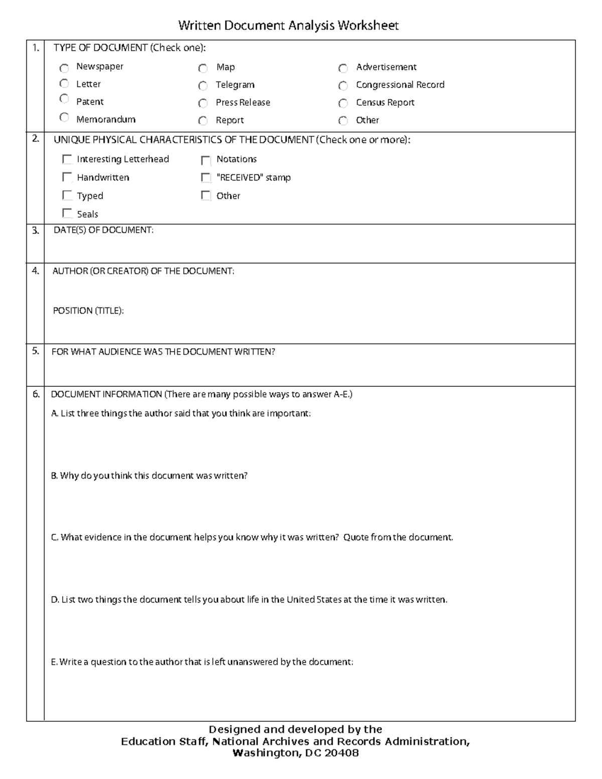 Written document analysis worksheet former - 1. TYPE OF DOCUMENT (Check ...