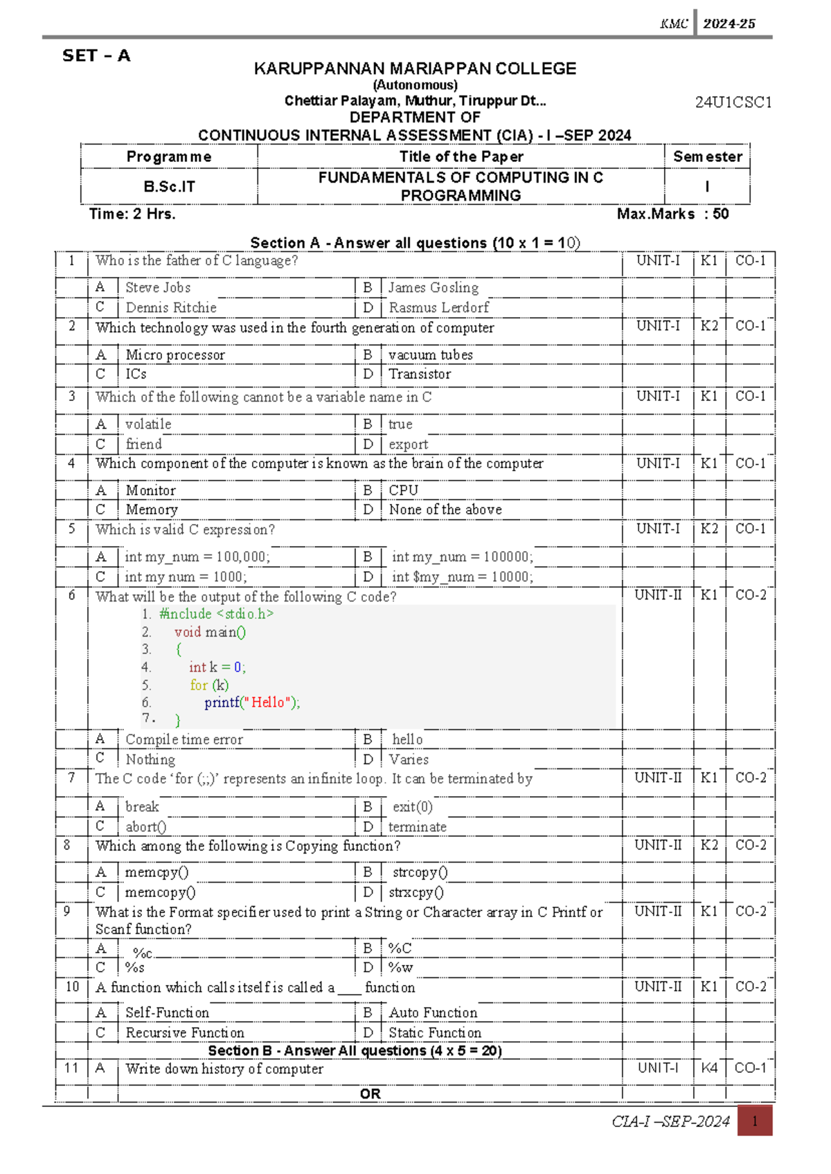 C Program Autonomous 2024-25 - KARUPPANNAN MARIAPPAN COLLEGE ...
