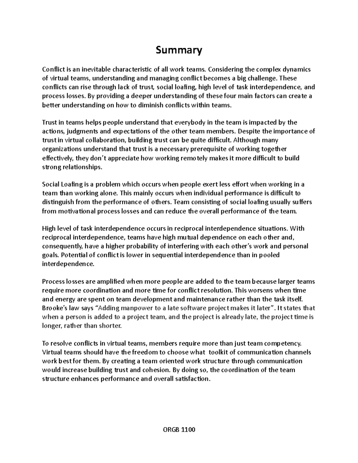 Summary Handout - Summary Conflict is an inevitable characteristic of ...