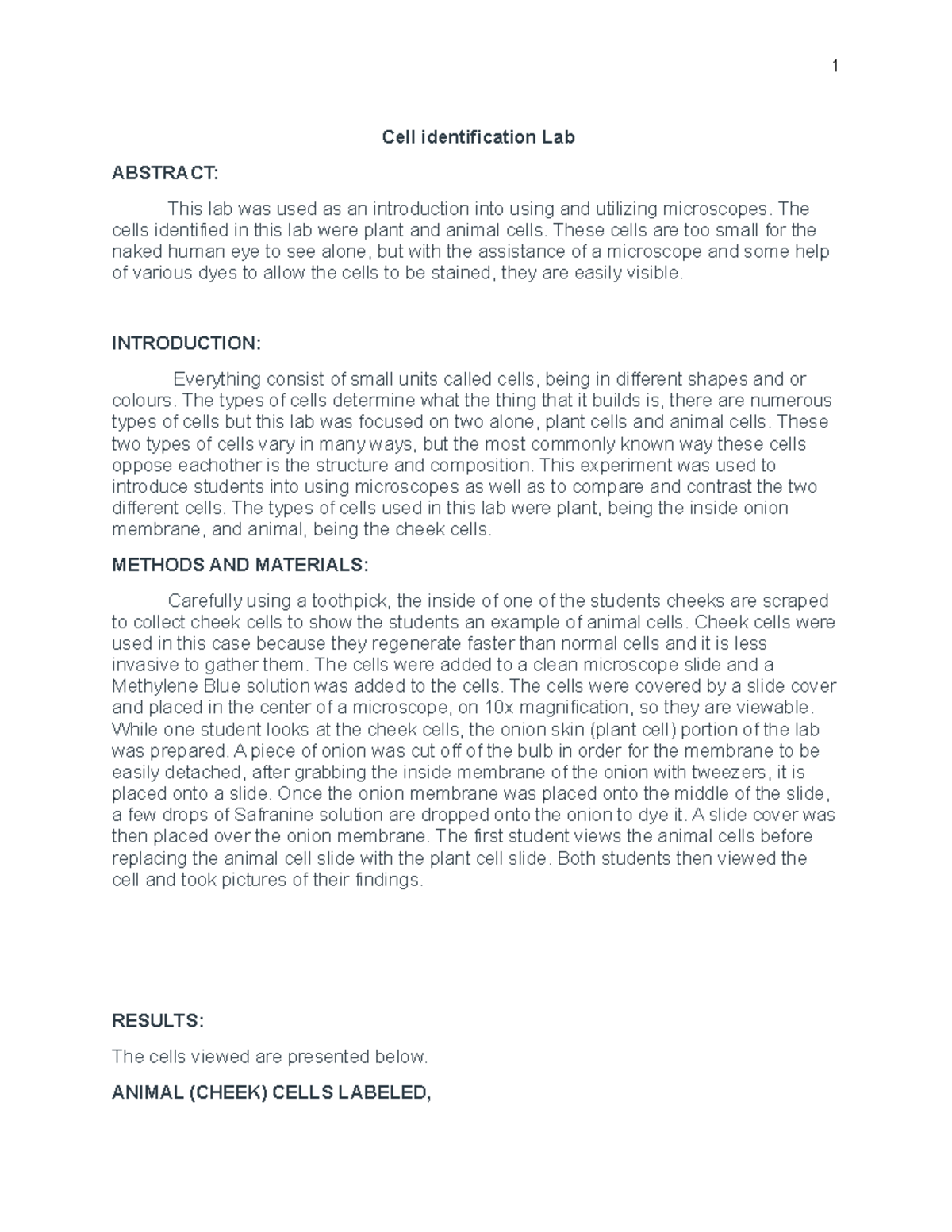 Cell identification Lab report - 1 Cell identification Lab ABSTRACT ...