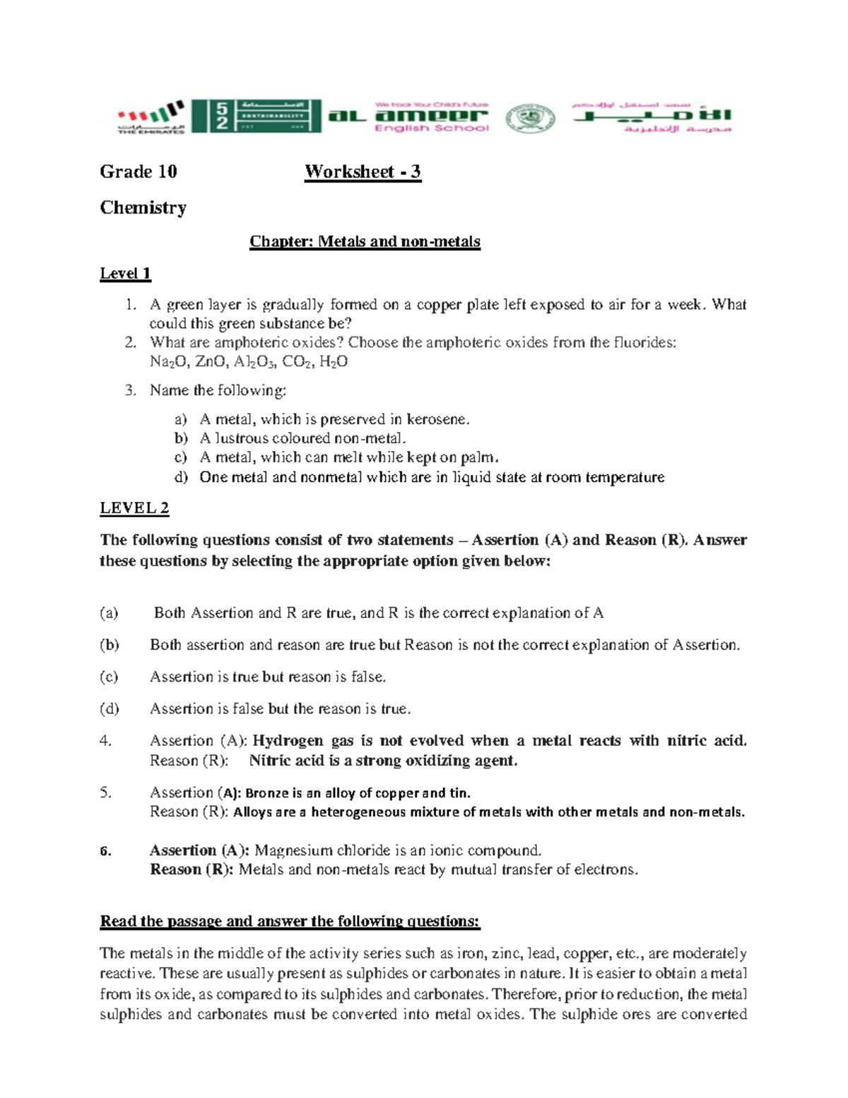 metals and non metals - Grade 10 Worksheet - 3 Chemistry Chapter ...