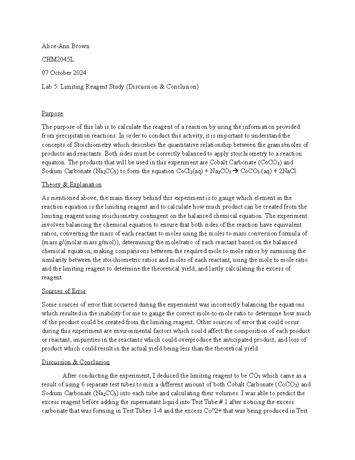 Lab 5 Assignments For Lab Alice Ann Brown Chm2045l 07 October 2024 Lab 5 Limiting Reagent
