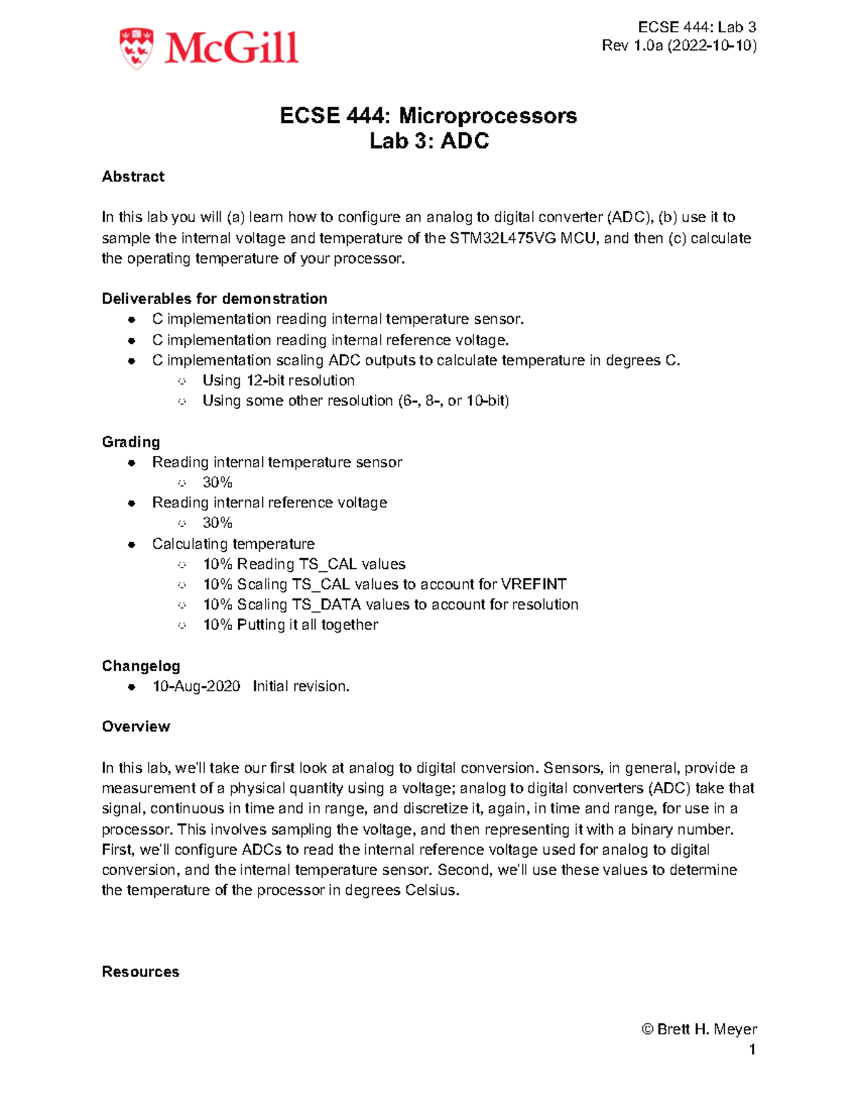 Lab 3 Adc Lab Instructions Rev 1 2022 10 10 © Brett H Meyer Ecse 444 Microprocessors 