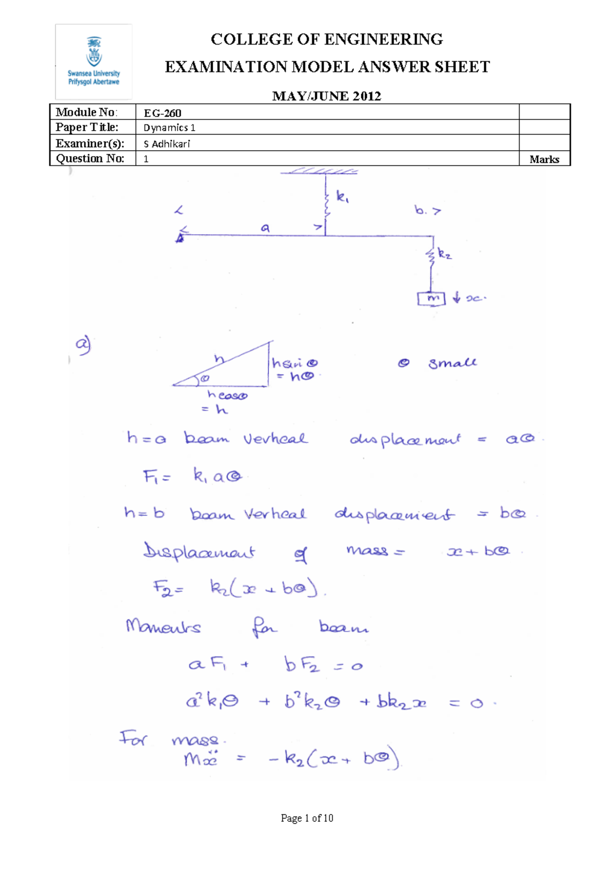 Exam 2012, answers - COLLEGE OF ENGINEERING ` EXAMINATION MODEL ANSWER ...