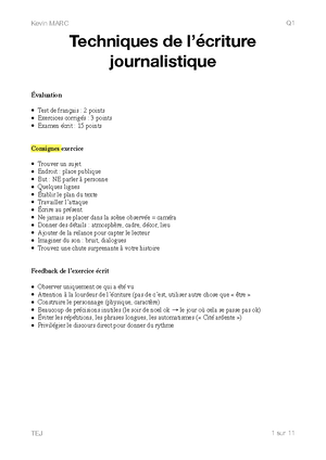 Synthèse écriture journaliste 2019-2020 - Techniques d’écriture ...